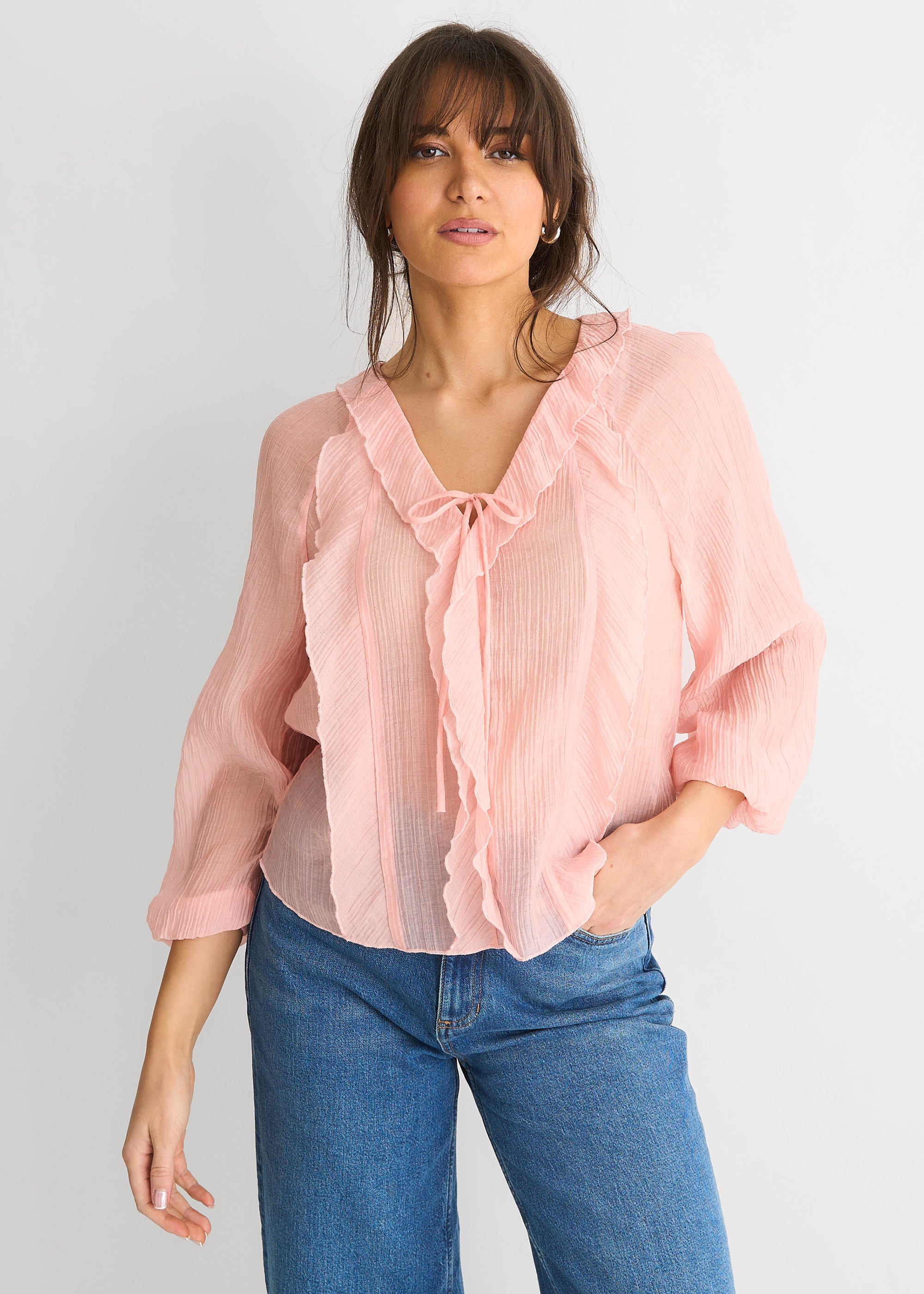 Long Sleeeves Tie Detail Ruffle Blouse Gini London long-sleeeves-tie-detail-ruffle-blouse-gini-london