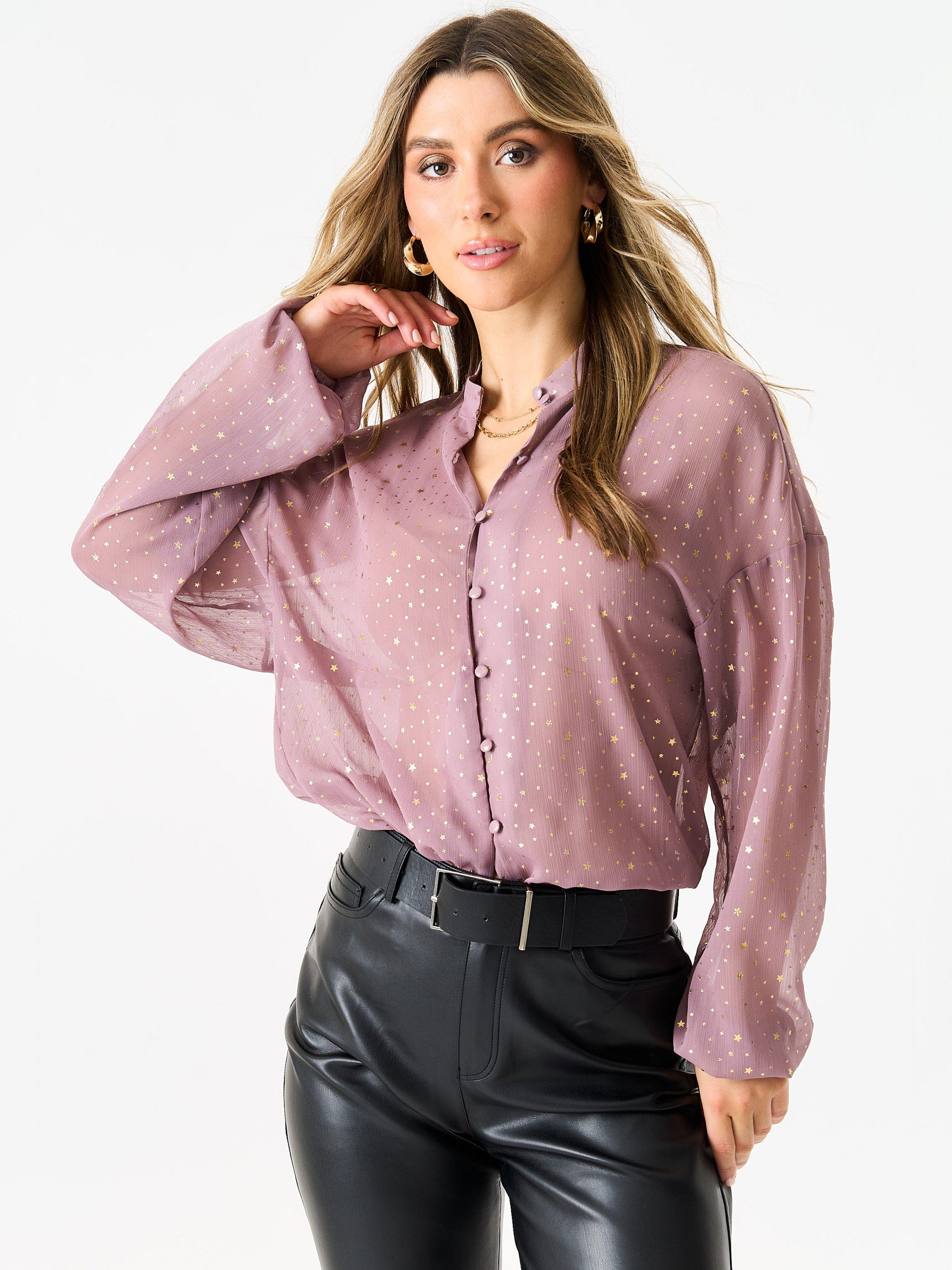 Mink Brown Star Print Button Through Blouse – Gini London