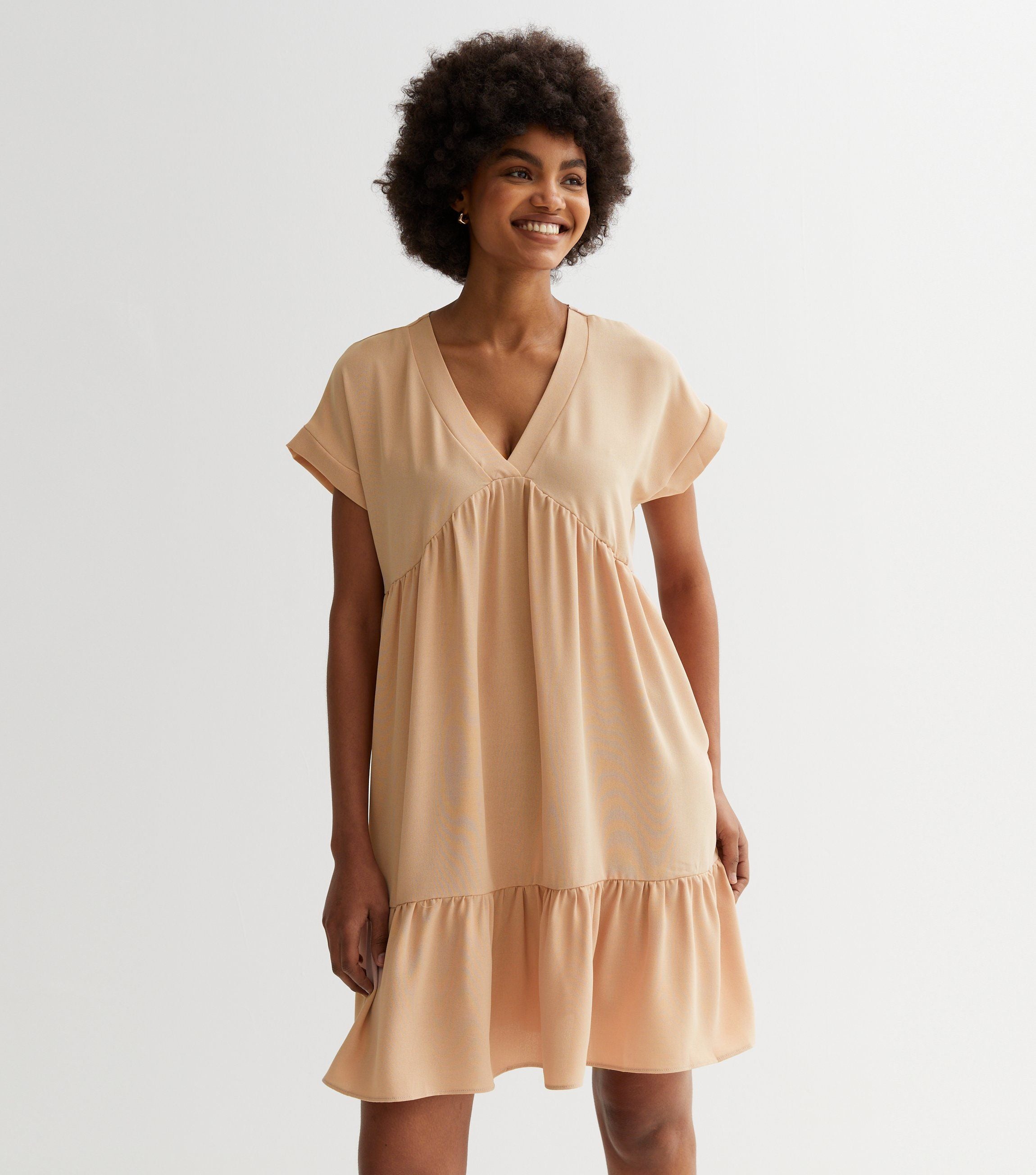 Beige V Neck Tiered Mini Smock Dress – Gini London