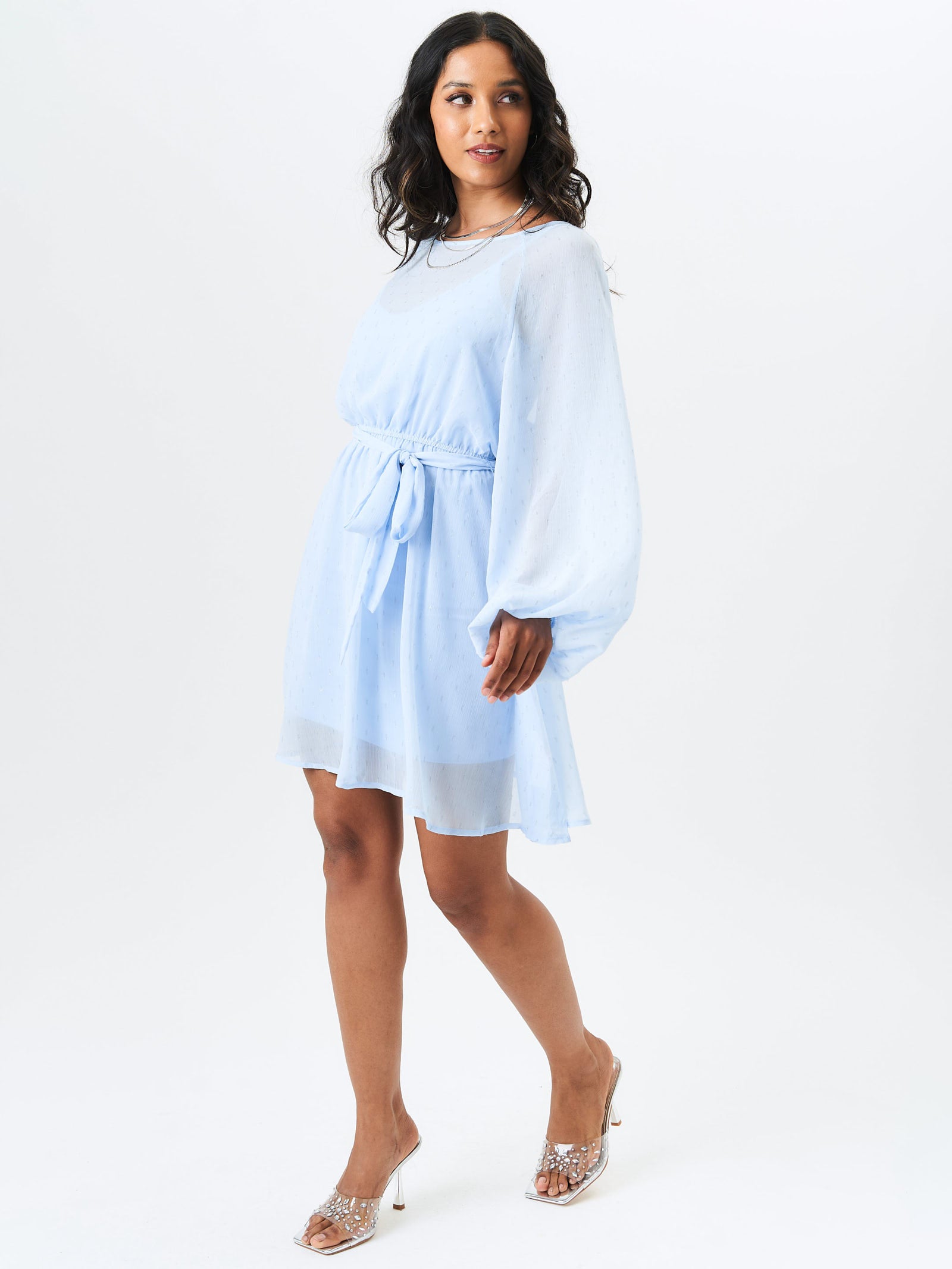 Blue Long Sleeve Chiffon Foil Mini Dress – Gini London