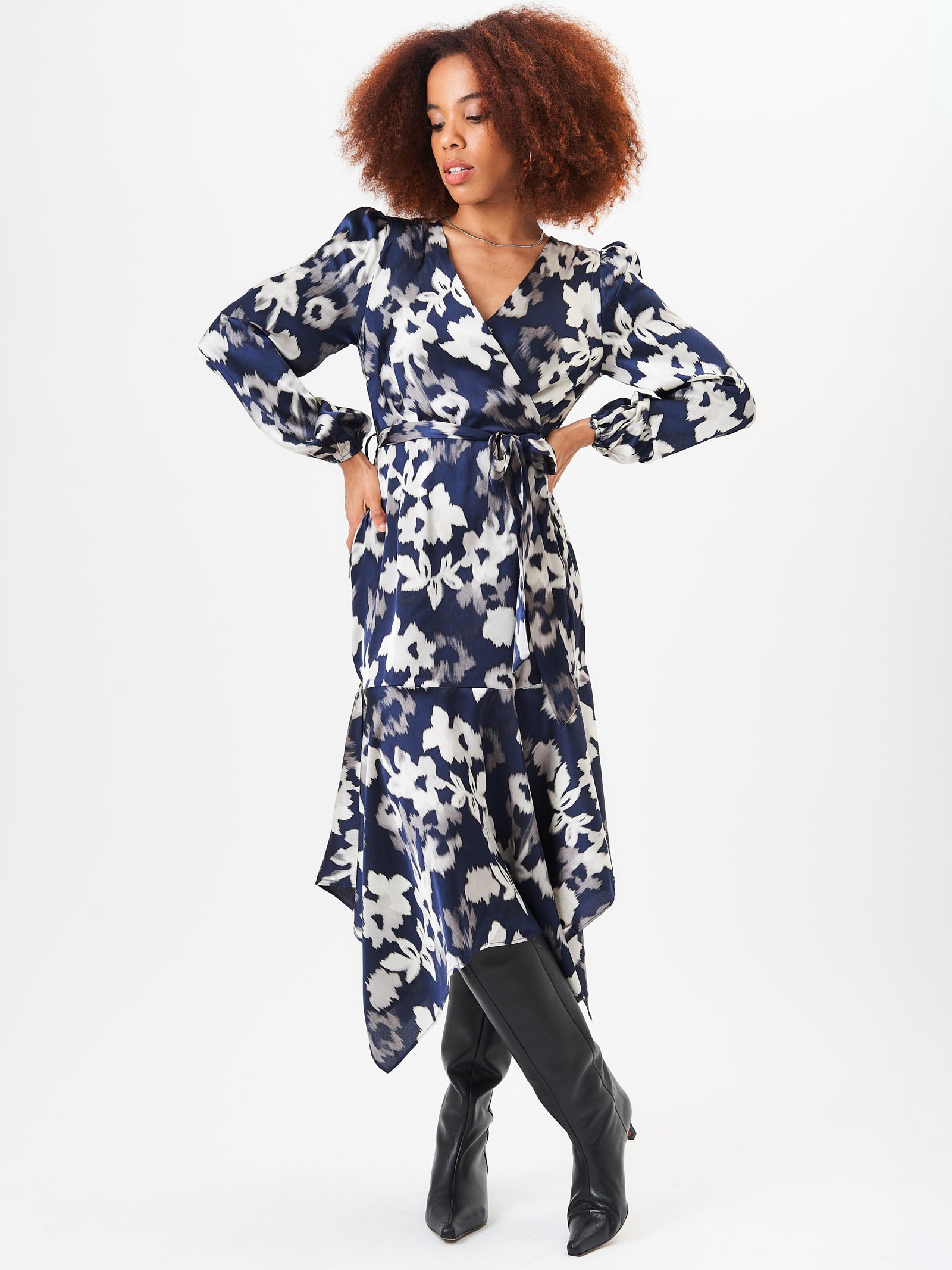 Navy Asymmetric Hem Wrap Midi Dress – Gini London