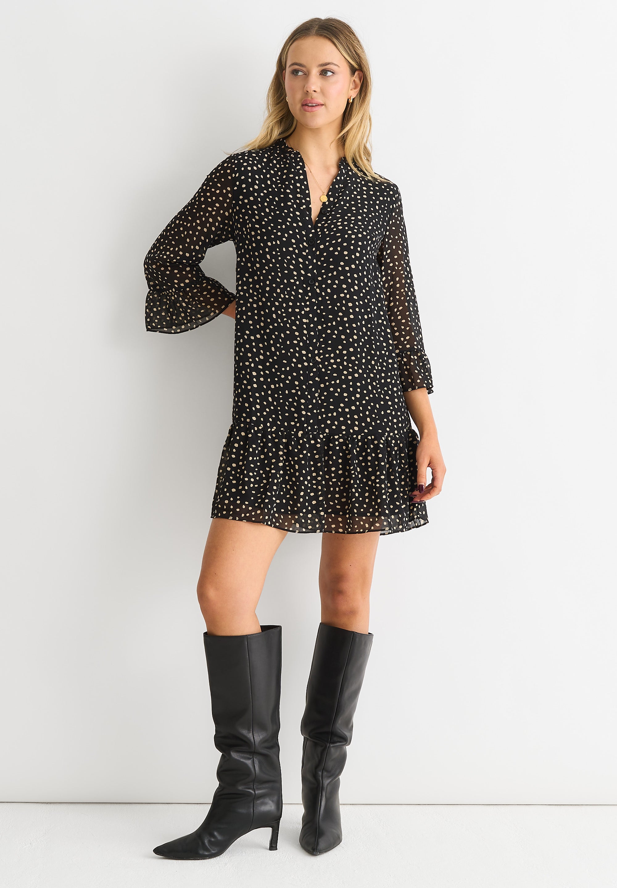 Black Animal Spot Shirt Mini Dress – Gini London