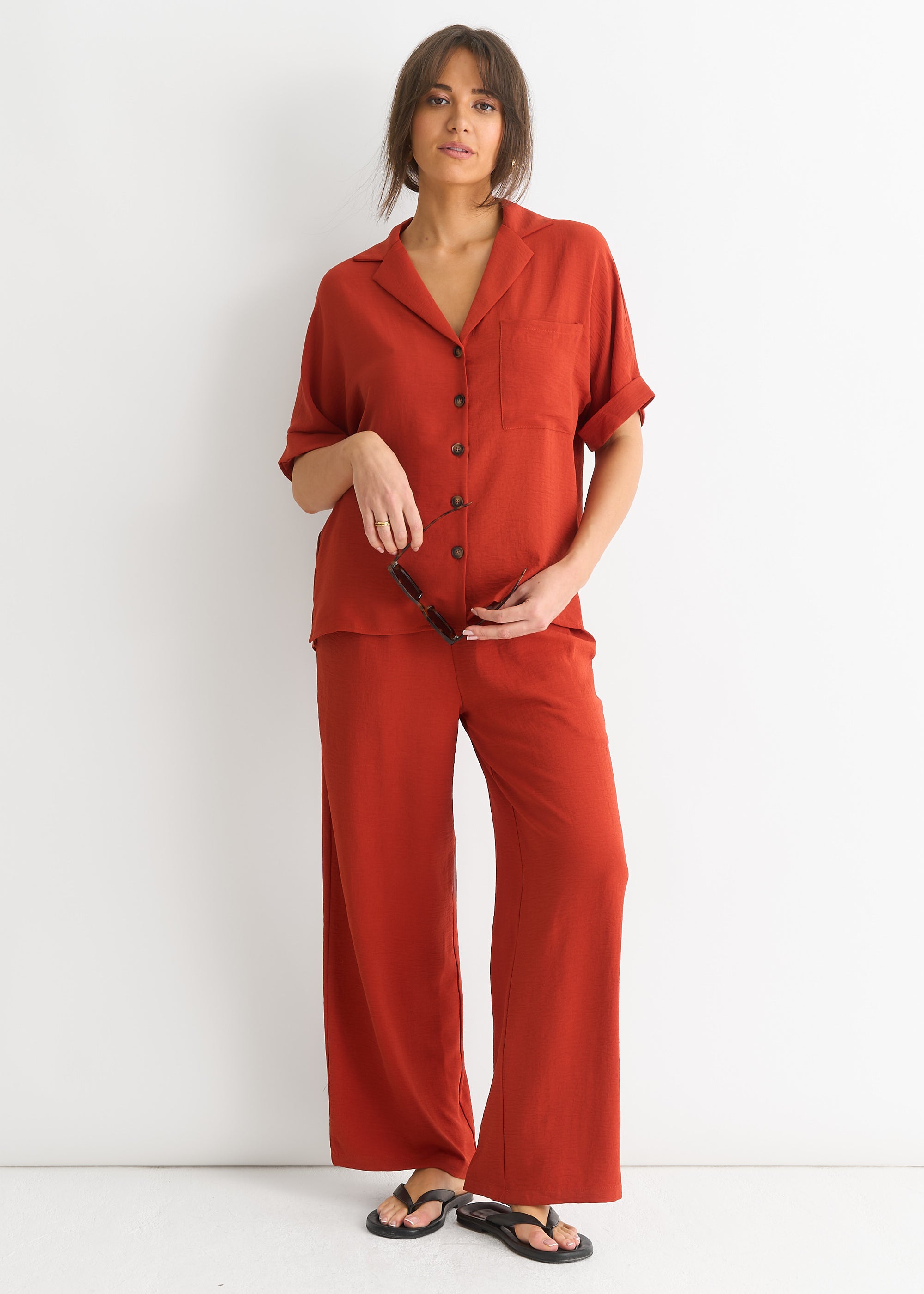 Rust Elastic Waist Wide Leg Trousers – Gini London