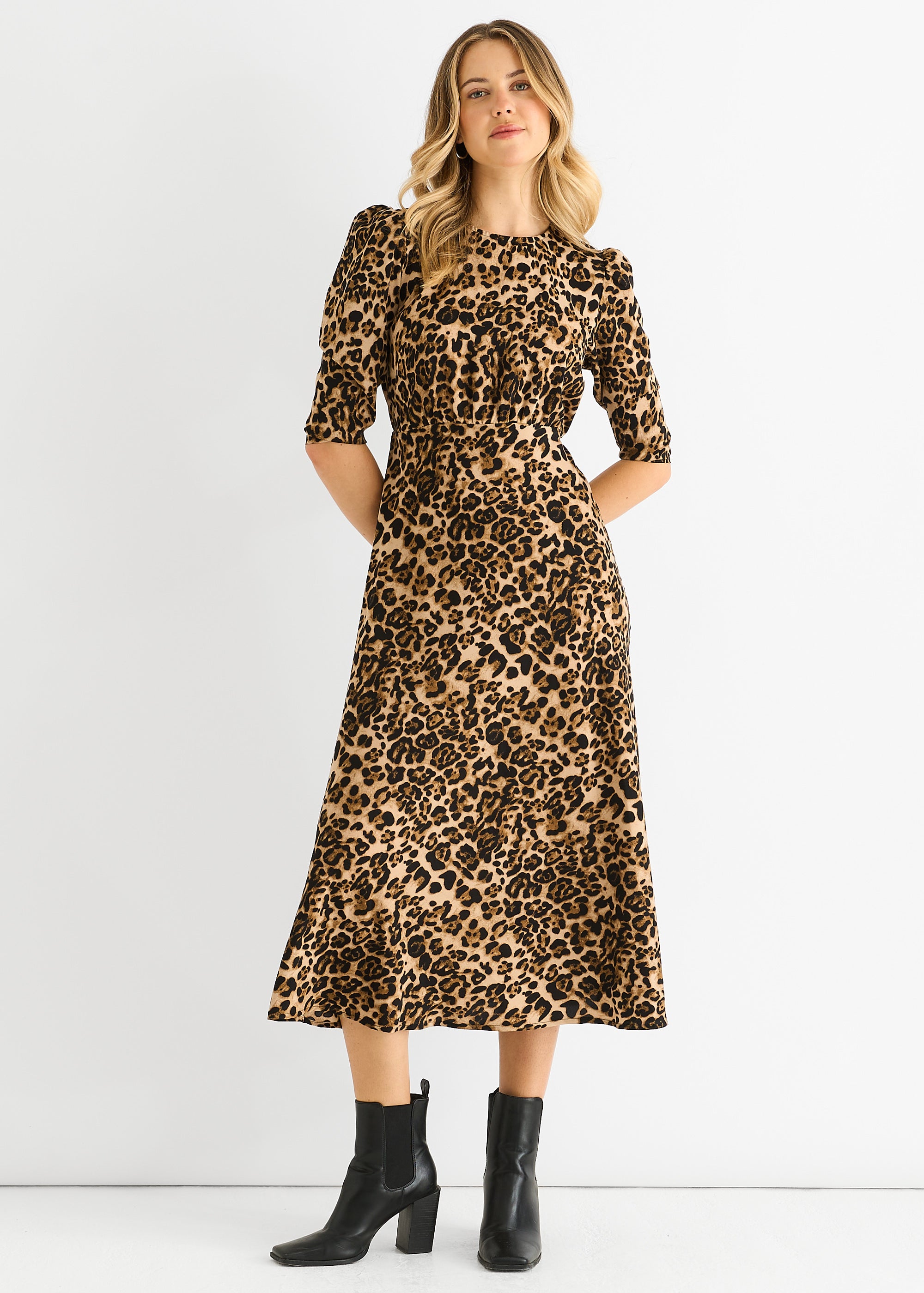 Brown Animal Print Satin Animal Shift Midi Dress – Gini London
