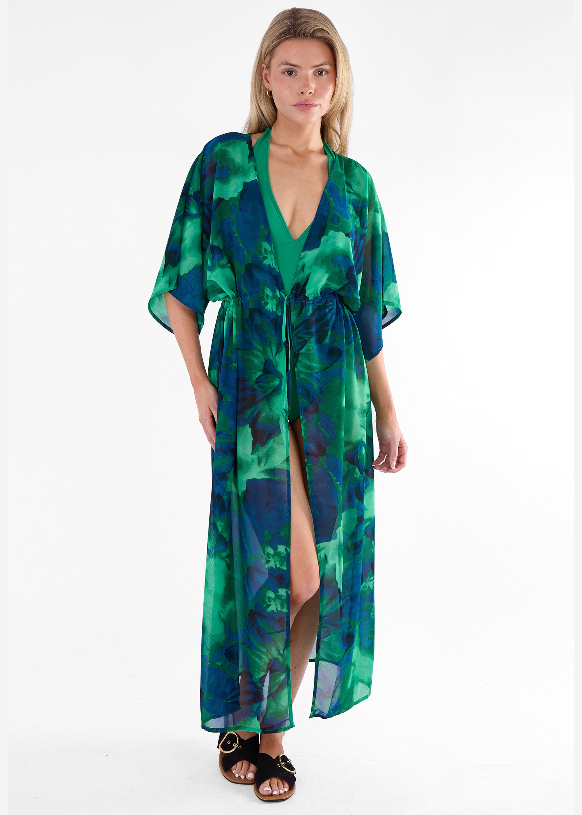 Green Flowy Open Front Beach Cover Kimono – Gini London