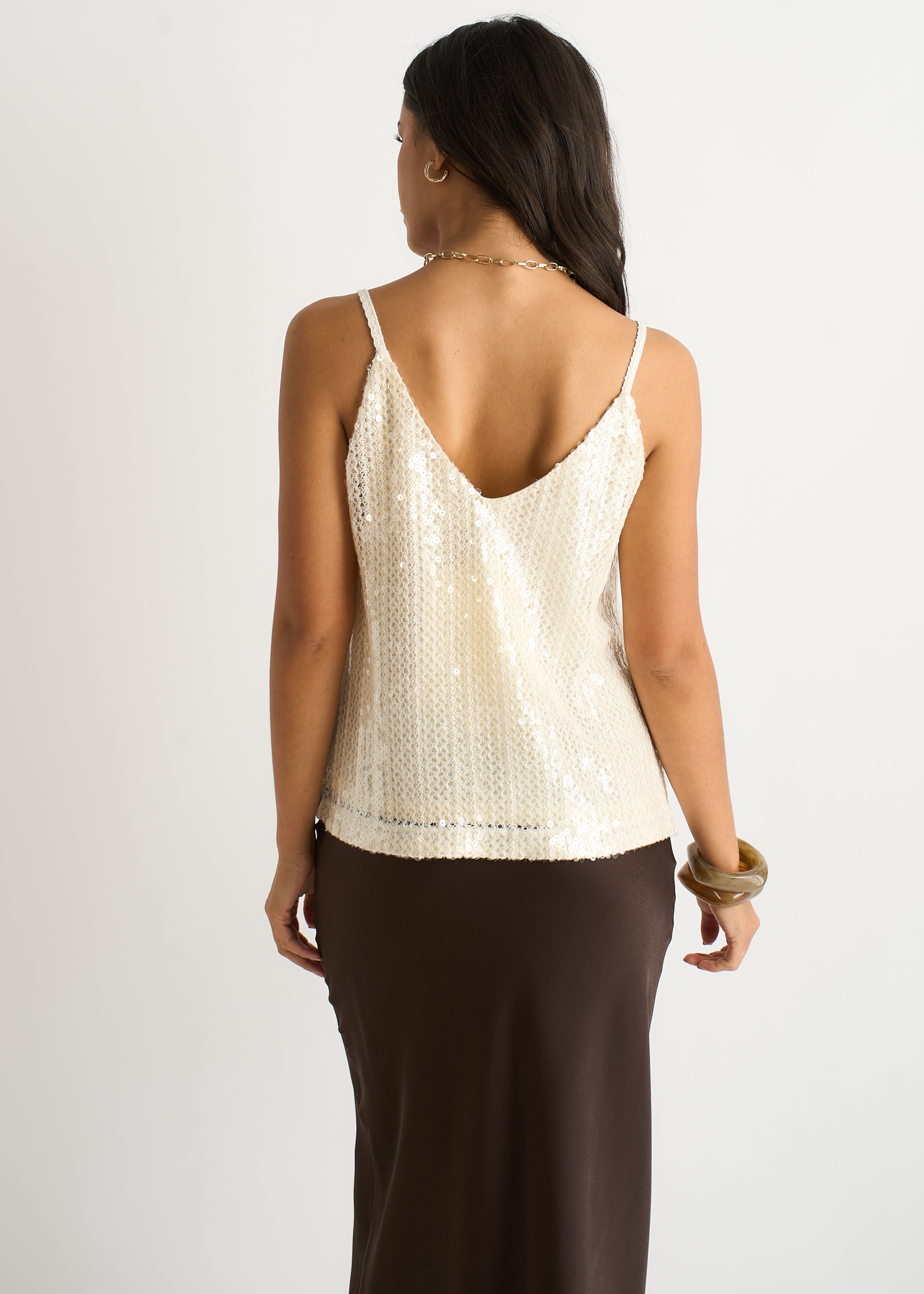 Cream Sequin V Neck Cami Top – Gini London