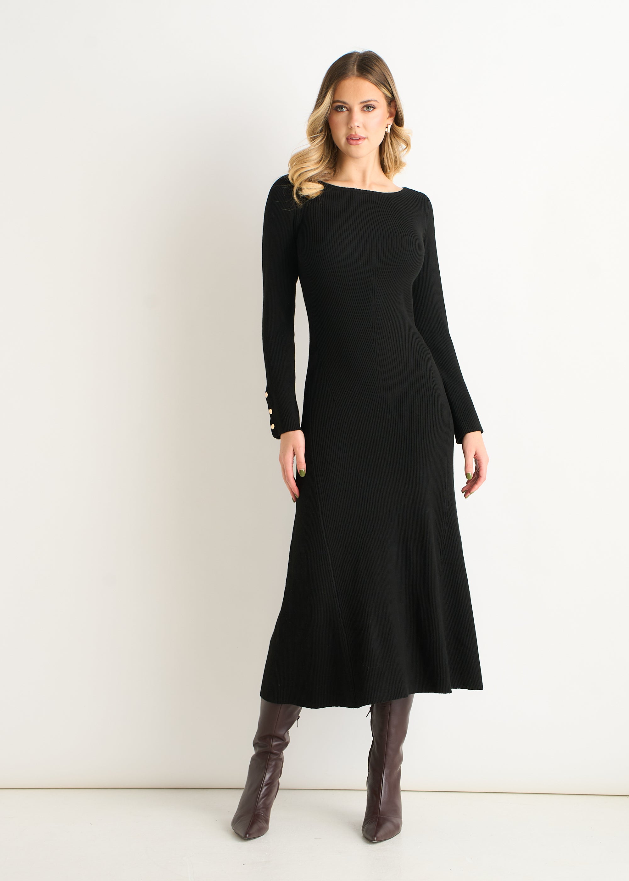 Black Slash Neck Knitted Fit And Flare Dress – Gini London
