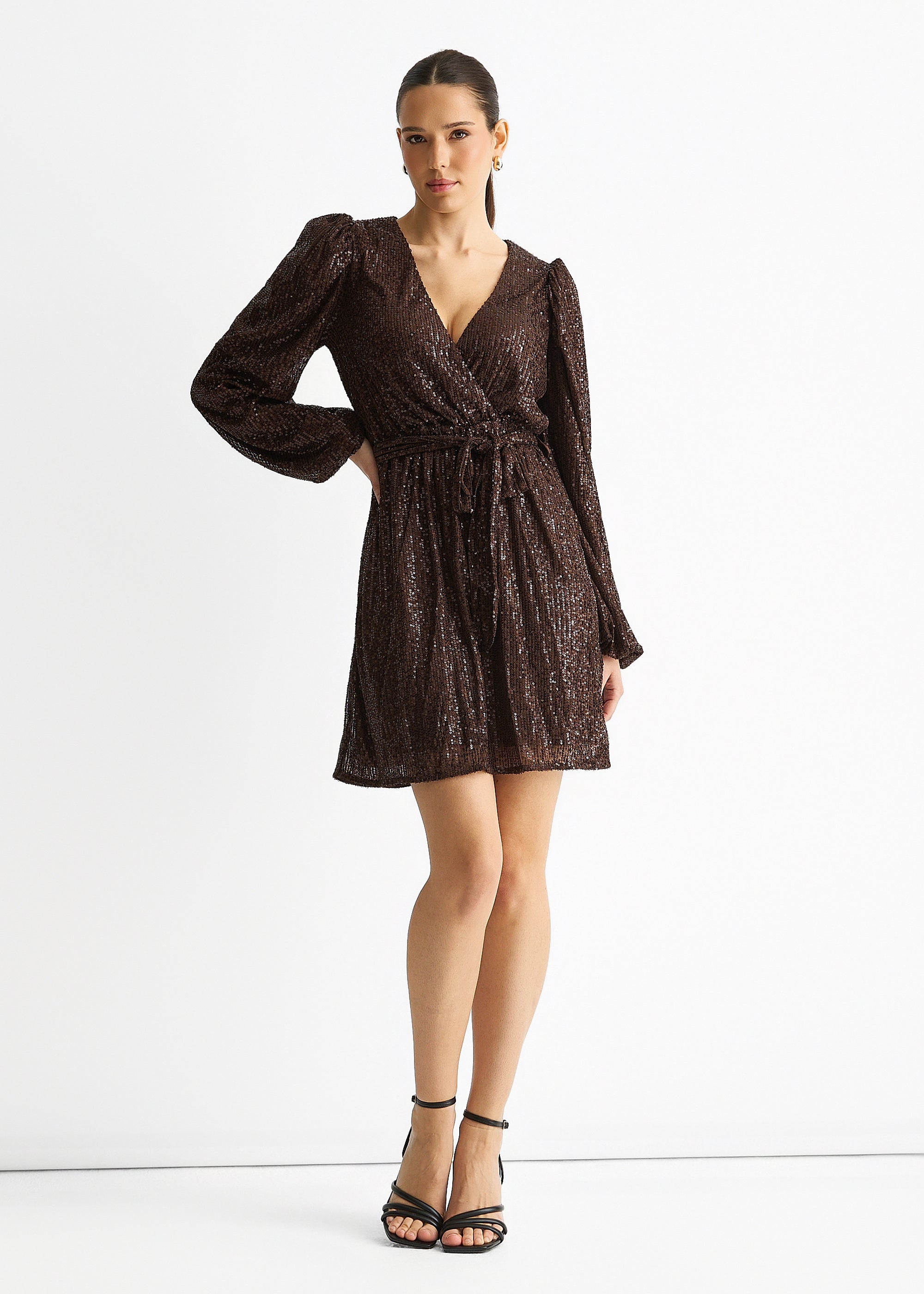 Chocolate Sequin V Neck Belted Mini Dress – Gini London