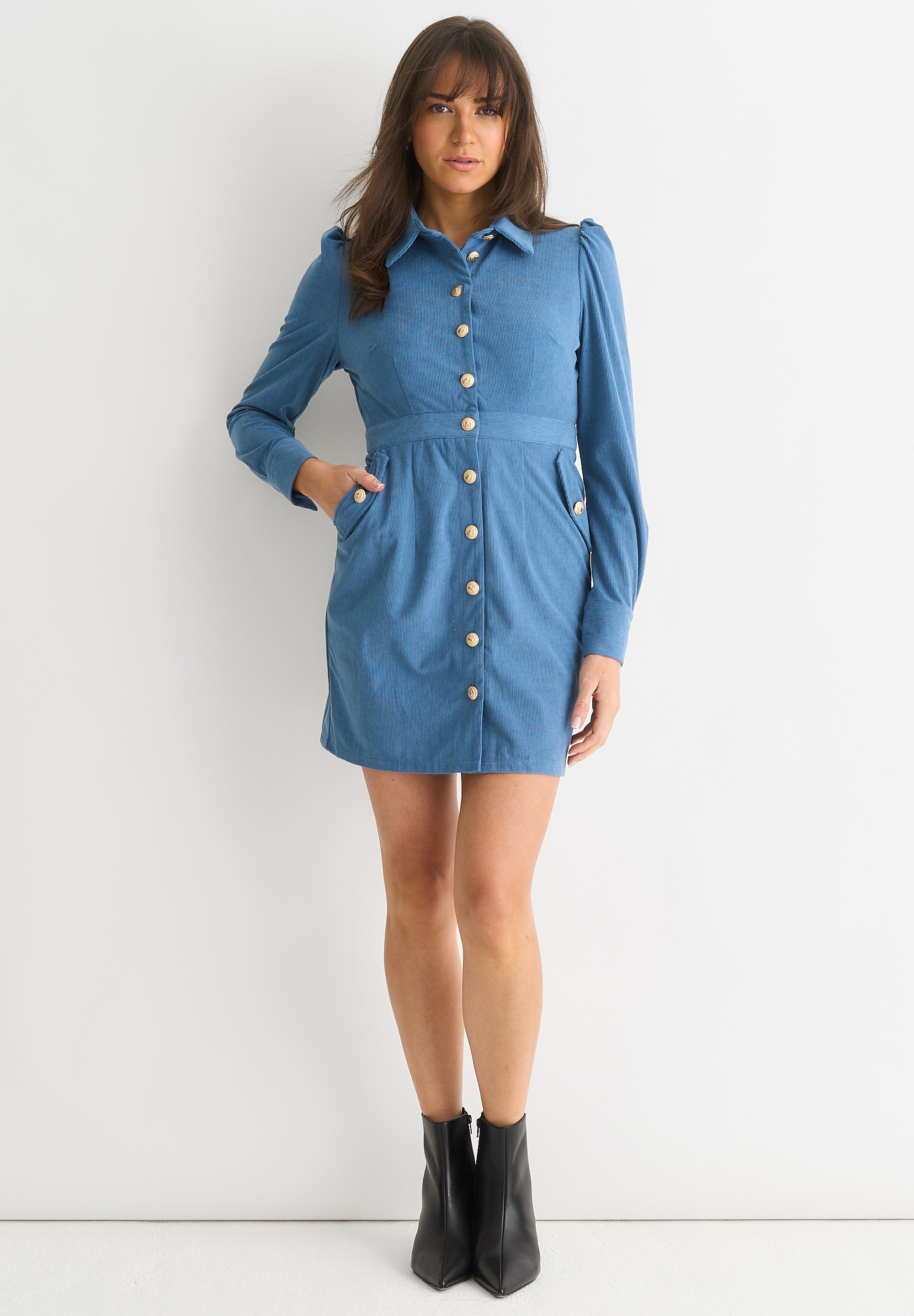 Blue Corduroy Mini Shirt Dress – Gini London